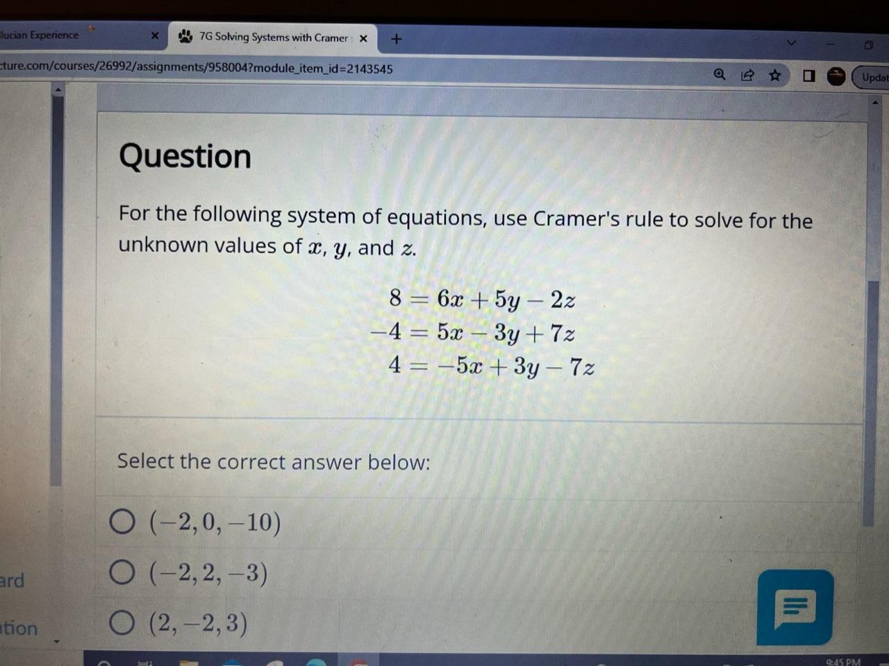 Solved For the following system of equations, use Cramer's | Chegg.com