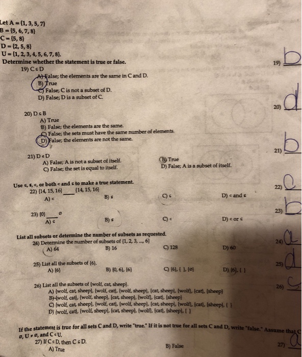 Solved Let A (1,3,5,7 B=(5, 6, 7,8) D-(2,5, 8) U={1, 2, 3, | Chegg.com
