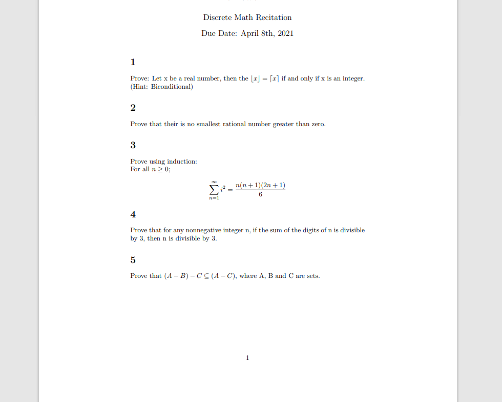 Solved Discrete Math Recitation Due Date: April 8th, 2021 1 | Chegg.com