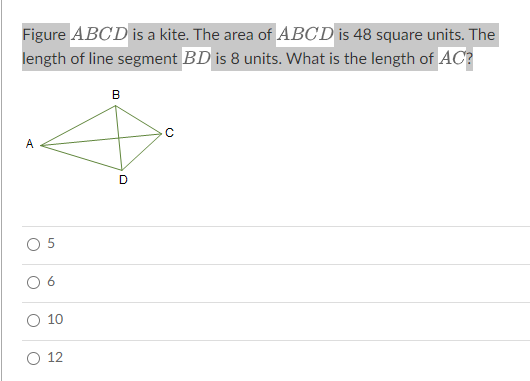Solved Figure ABCD is a kite. The area of ABCD is 48 square | Chegg.com