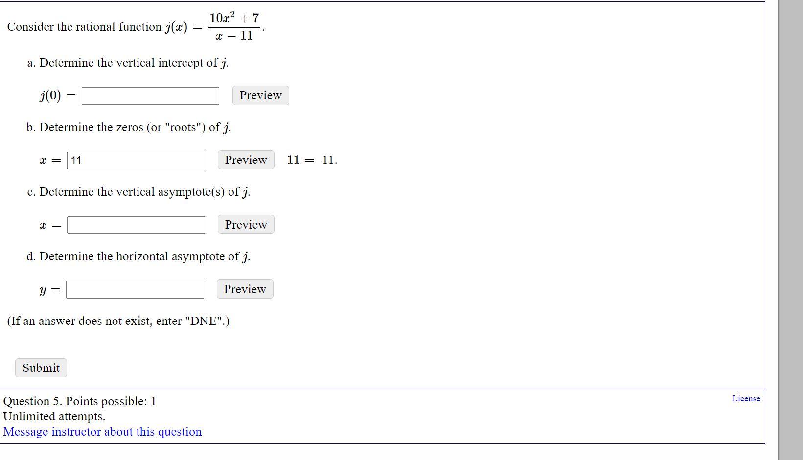 Solved 10x2 + 7 Consider the rational function j(x) = X – 11 | Chegg.com