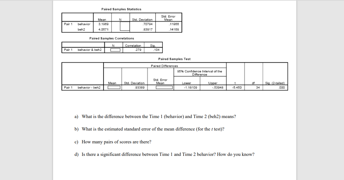 Solved Paired Samples Statistics N Pair 1 behavior beh2 Mean | Chegg.com