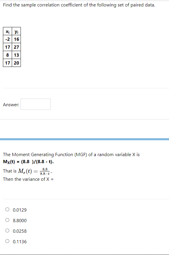 Solved Find the sample correlation coefficient of the | Chegg.com