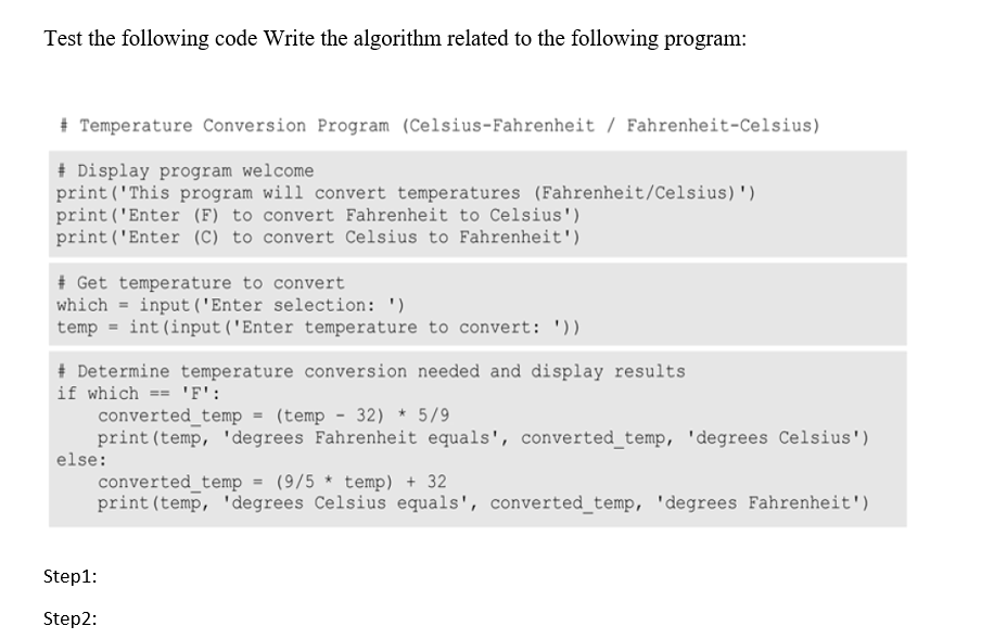 Solved Test the following code Write the algorithm related | Chegg.com
