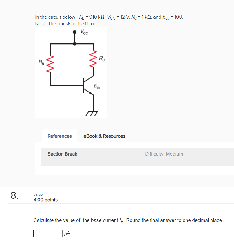 Solved In the circuit below: RB = 910 kN, Vcc = 12 V, RC = 1 | Chegg.com