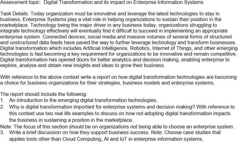 Solved Assessment topic: Digital Transformation and its | Chegg.com