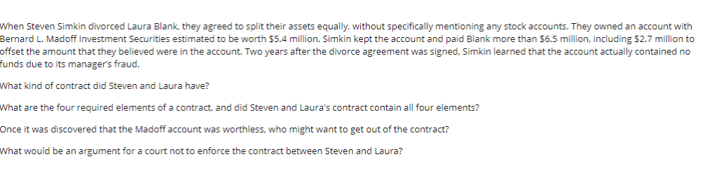 Solved When Steven Simkin divorced Laura Blank, they agreed | Chegg.com