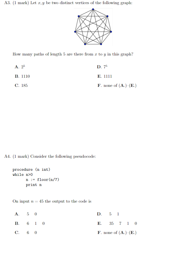 Solved A3. (1 mark) Let z, y be two distinct vertices of the | Chegg.com