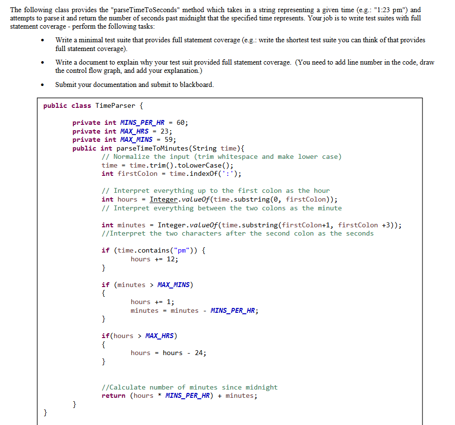 Solved The following class provides the "parseTimeToSeconds" | Chegg.com