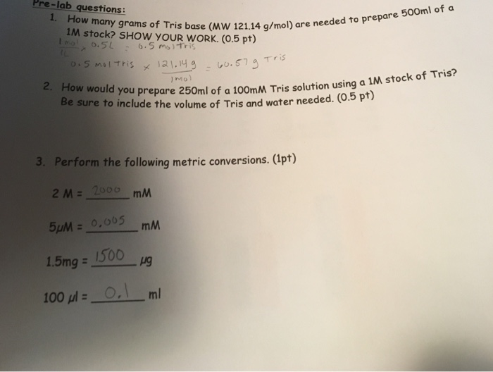 Solved Pre-lab questions w many 1. Ho grams of Tris base (MW | Chegg.com