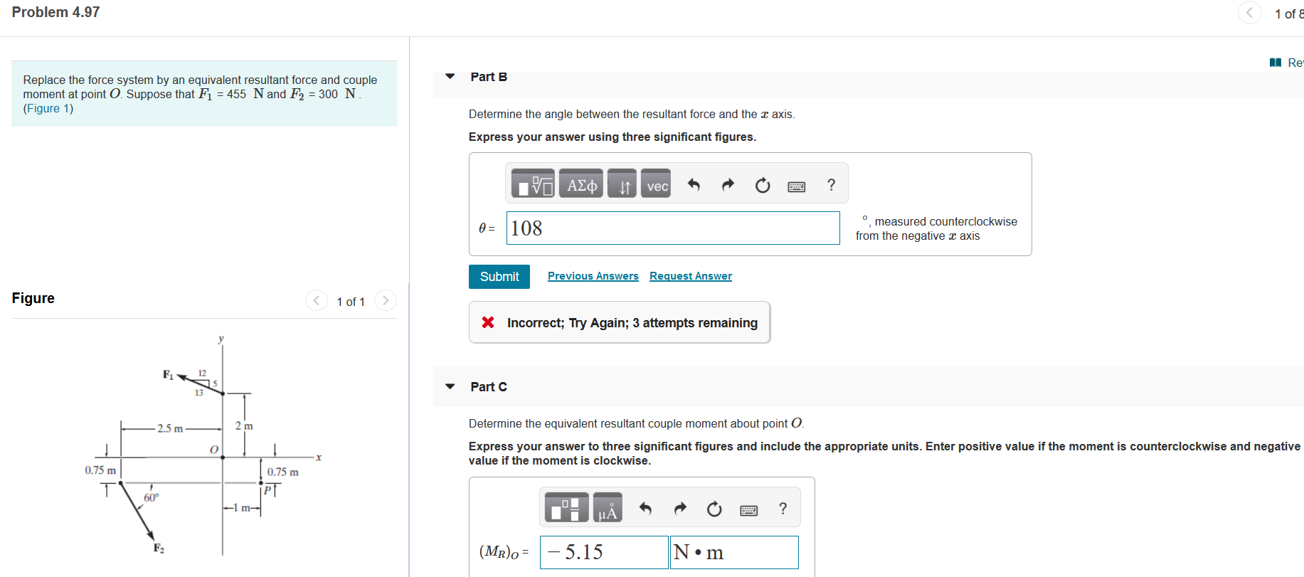 Solved Replace the force system by an equivalent resultant | Chegg.com