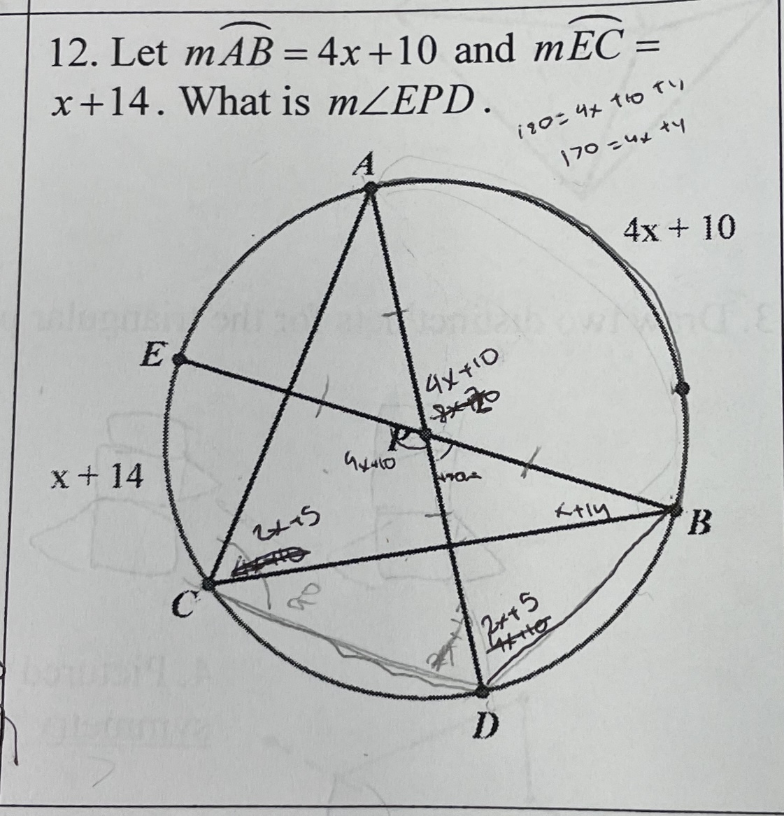 Solved 12. Let \( m \overparen{A B}=4 x+10 \) and \( m | Chegg.com