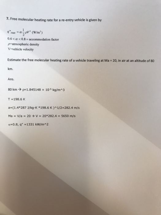 Solved 7. Free molecular heating rate for a re-entry vehicle | Chegg.com