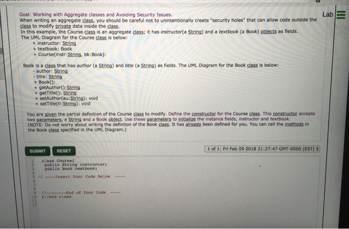 Solved Goal: Working with Aggregate classes and Avoiding | Chegg.com