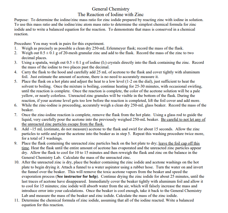 General Chemistry The Reaction of Iodine with Zinc | Chegg.com