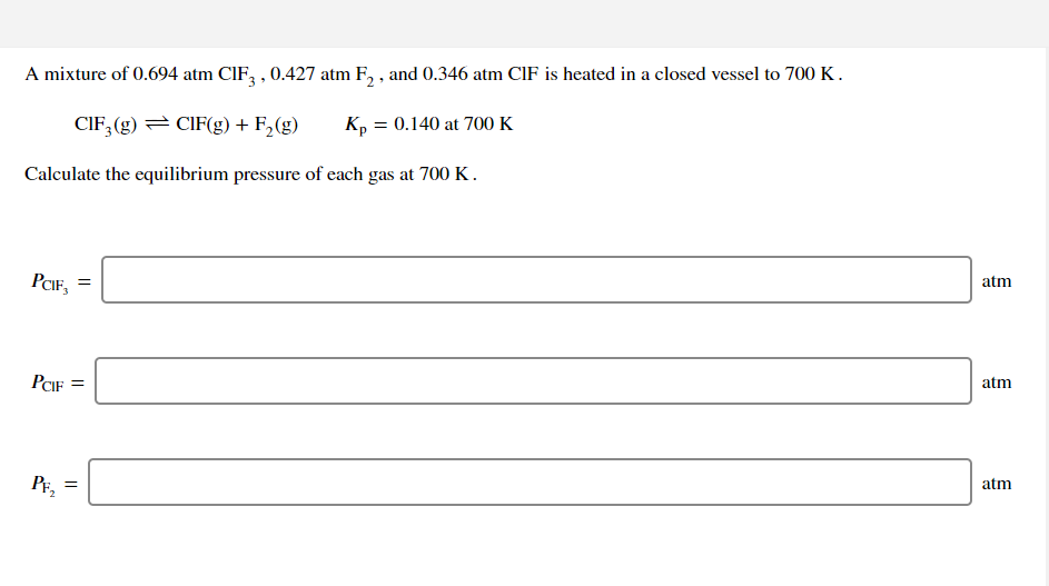 Solved A mixture of 0.694 atm CIF3, 0.427 atm F2, and 0.346 | Chegg.com