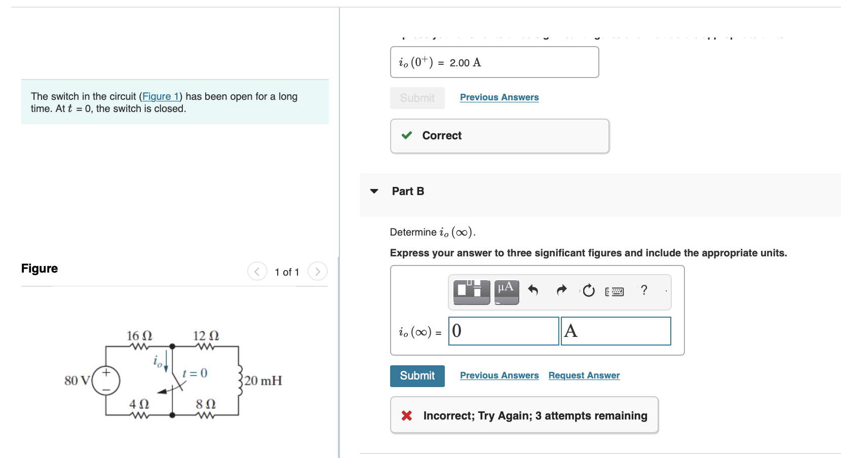 Solved The switch in the circuit (Figure 1) has been open | Chegg.com