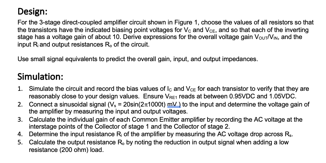 Design: For the 3-stage direct-coupled amplifier | Chegg.com