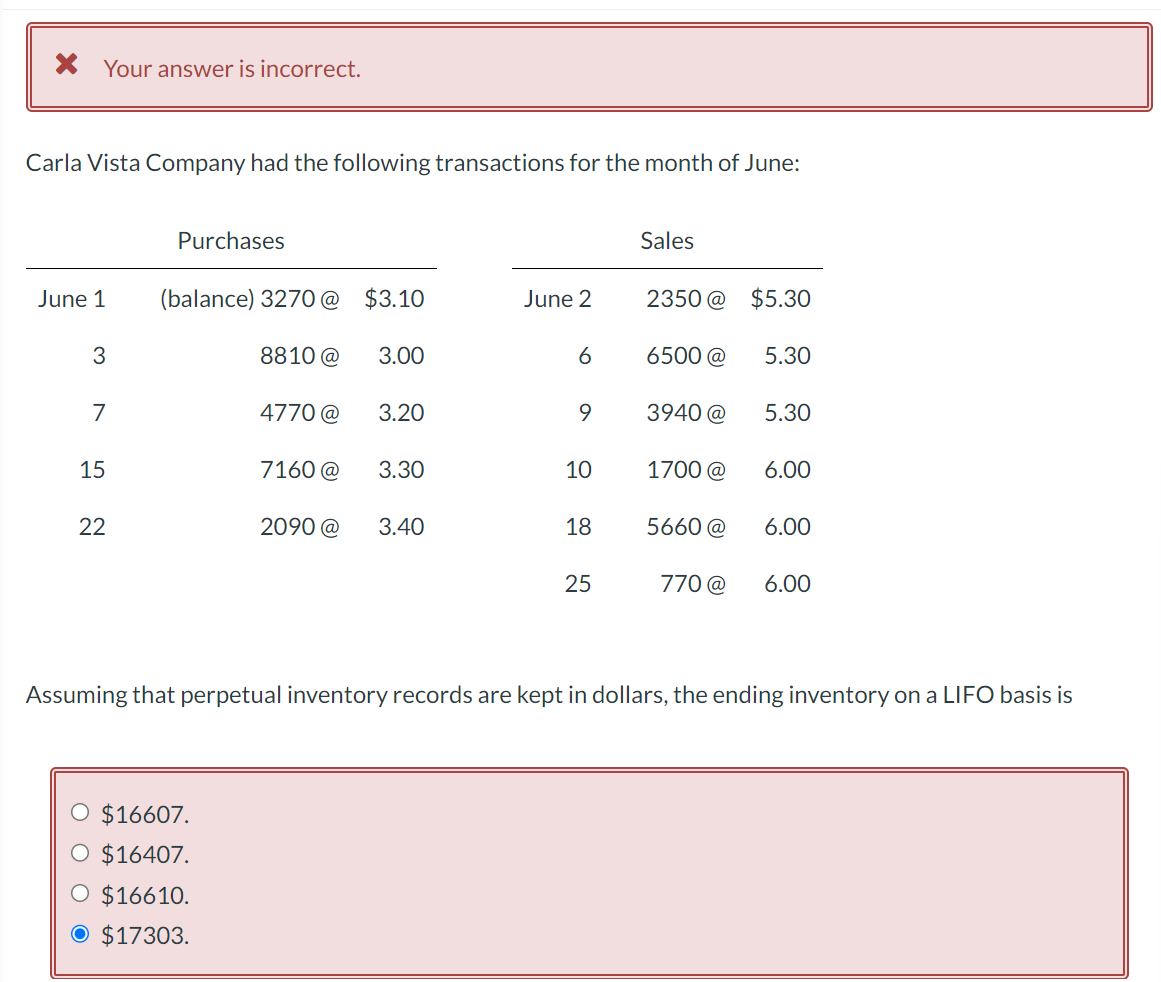 Solved Your answer is incorrect.Carla Vista Company had the | Chegg.com