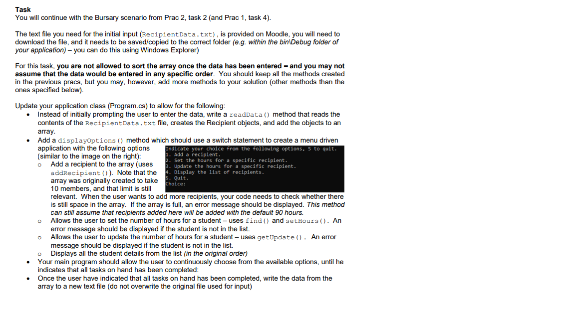 Solved Task You will continue with the Bursary scenario from | Chegg.com