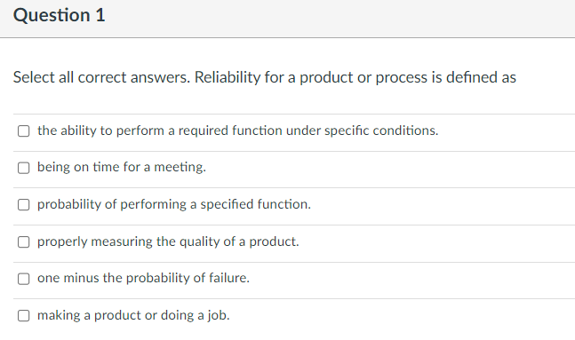 Solved Select all correct answers. Reliability for a product | Chegg.com