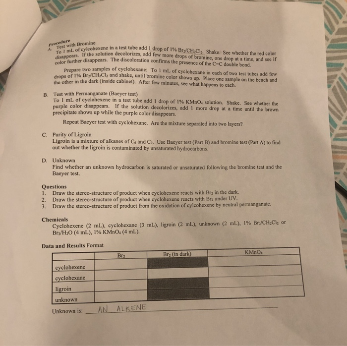 Solved Tests for alkanes and alkenes• Help with the | Chegg.com