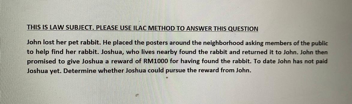 Solved THIS IS LAW SUBJECT. PLEASE USE ILAC METHOD TO ANSWER | Chegg.com