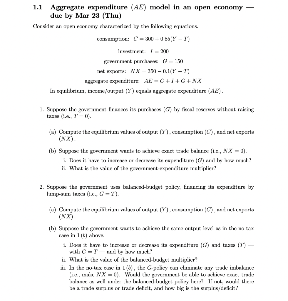 Solved 1.1 Aggregate expenditure (AE) model in an open | Chegg.com