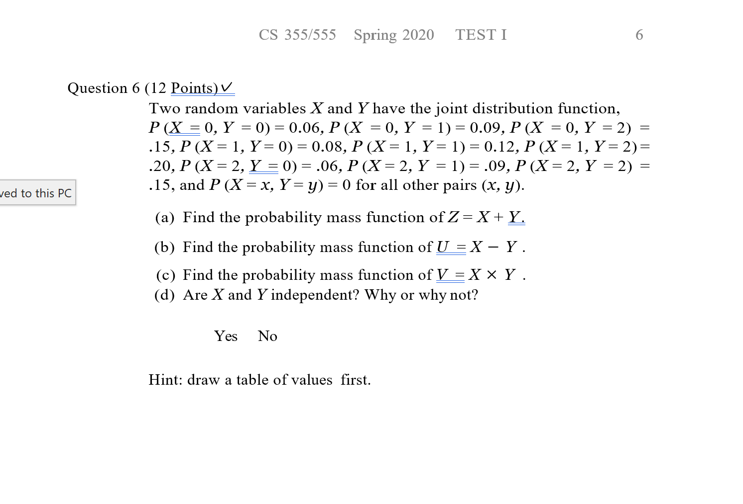 Solved CS 355/555 Spring 2020 TESTI 6 Question 6 (12 Points) | Chegg.com