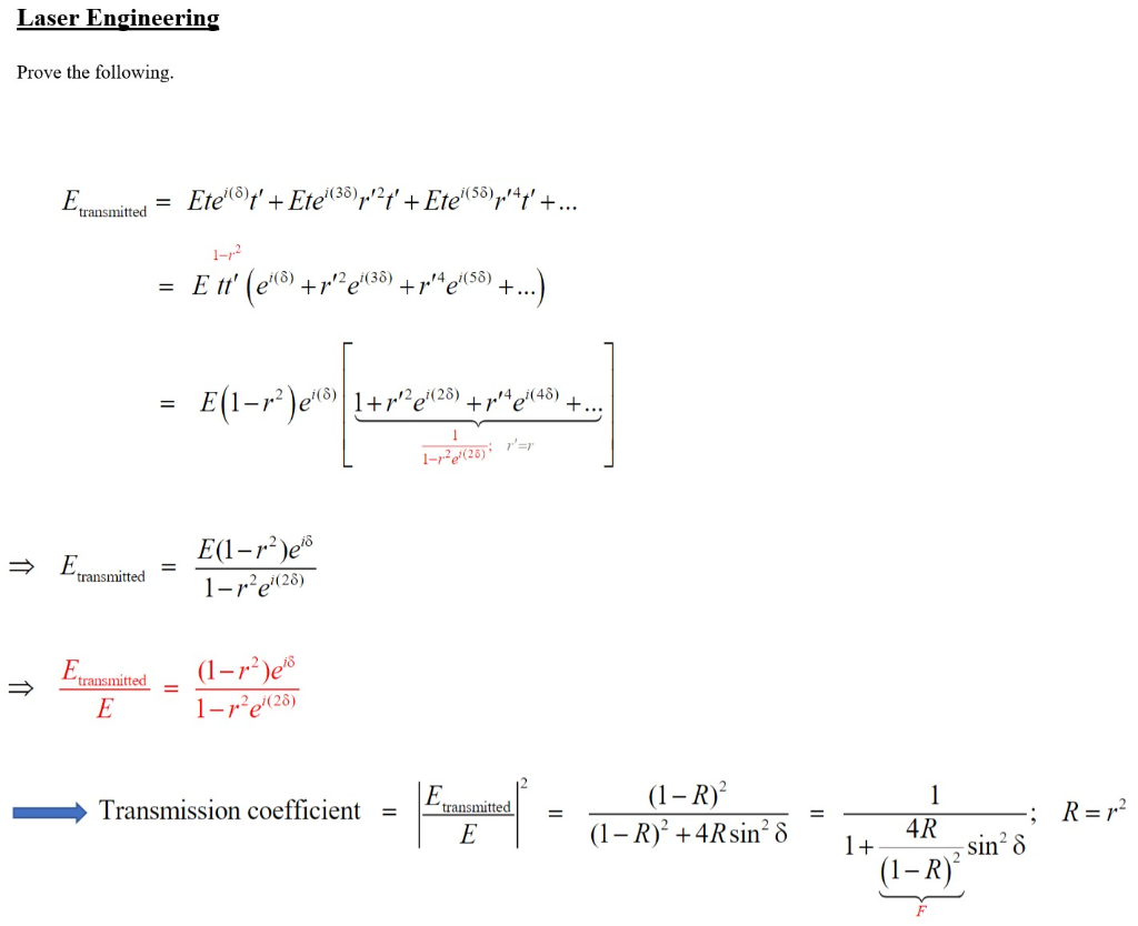 Transmittance TRP =- R 4R F = fineness == (1-R 1+F | Chegg.com