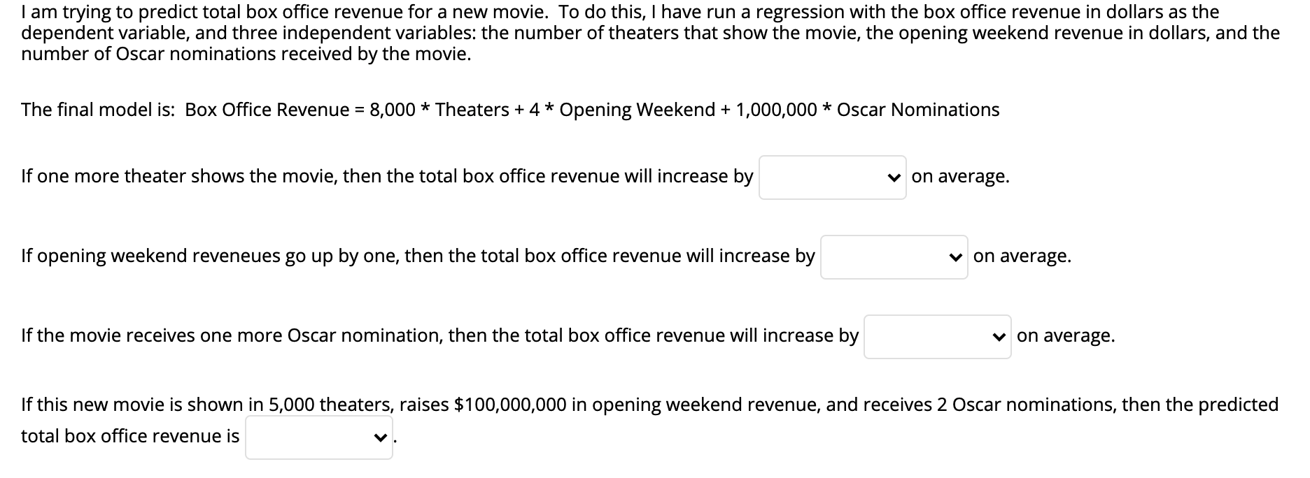 Solved I am trying to predict total box office revenue for a | Chegg.com