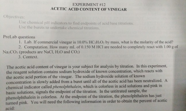 Solved EXPERIMENT #12 ACETIC ACID CONTENT OF VINEGAR | Chegg.com