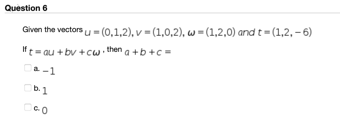 Solved Given the vectors u=(0,1,2),v=(1,0,2),ω=(1,2,0) and | Chegg.com