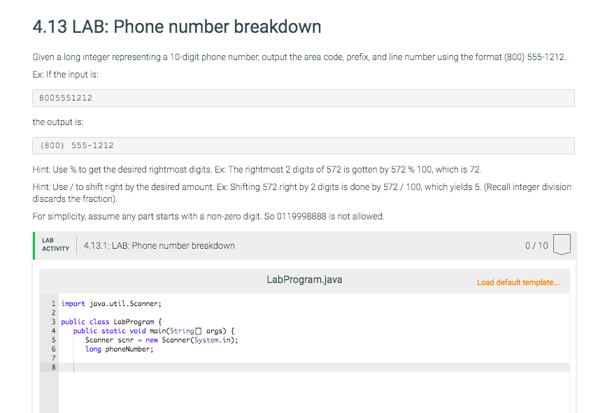 Solved: 4.13 LAB: Phone Number Breakdown Given A Long Inte... | Chegg.com