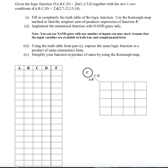 Solved Given the logic function F(A,B,C,D) - Em(1,3,5,8) | Chegg.com