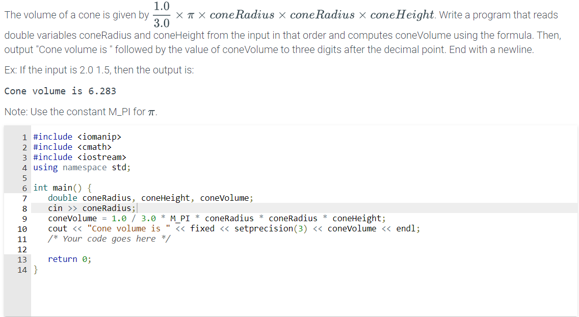 Solved The volume of a cone is given by 3.01.0×π× coneRadius | Chegg.com