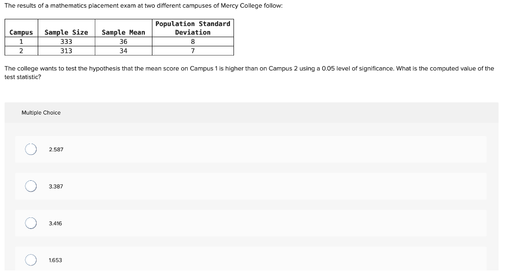 Solved The results of a mathematics placement exam at two | Chegg.com