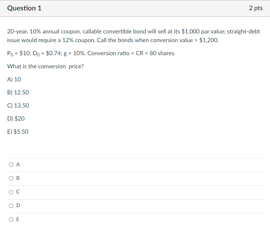 Solved 20 -year, 10% annual coupon, callable convertible | Chegg.com