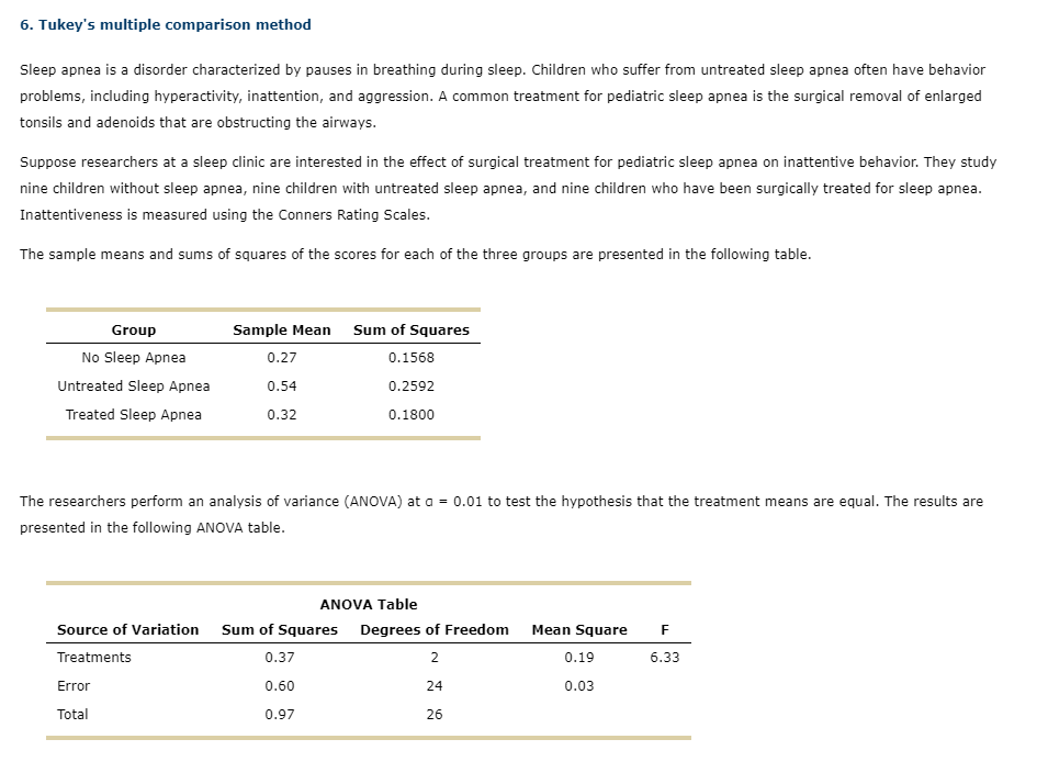 Solved 6. Tukey's multiple comparison method Sleep apnea is | Chegg.com