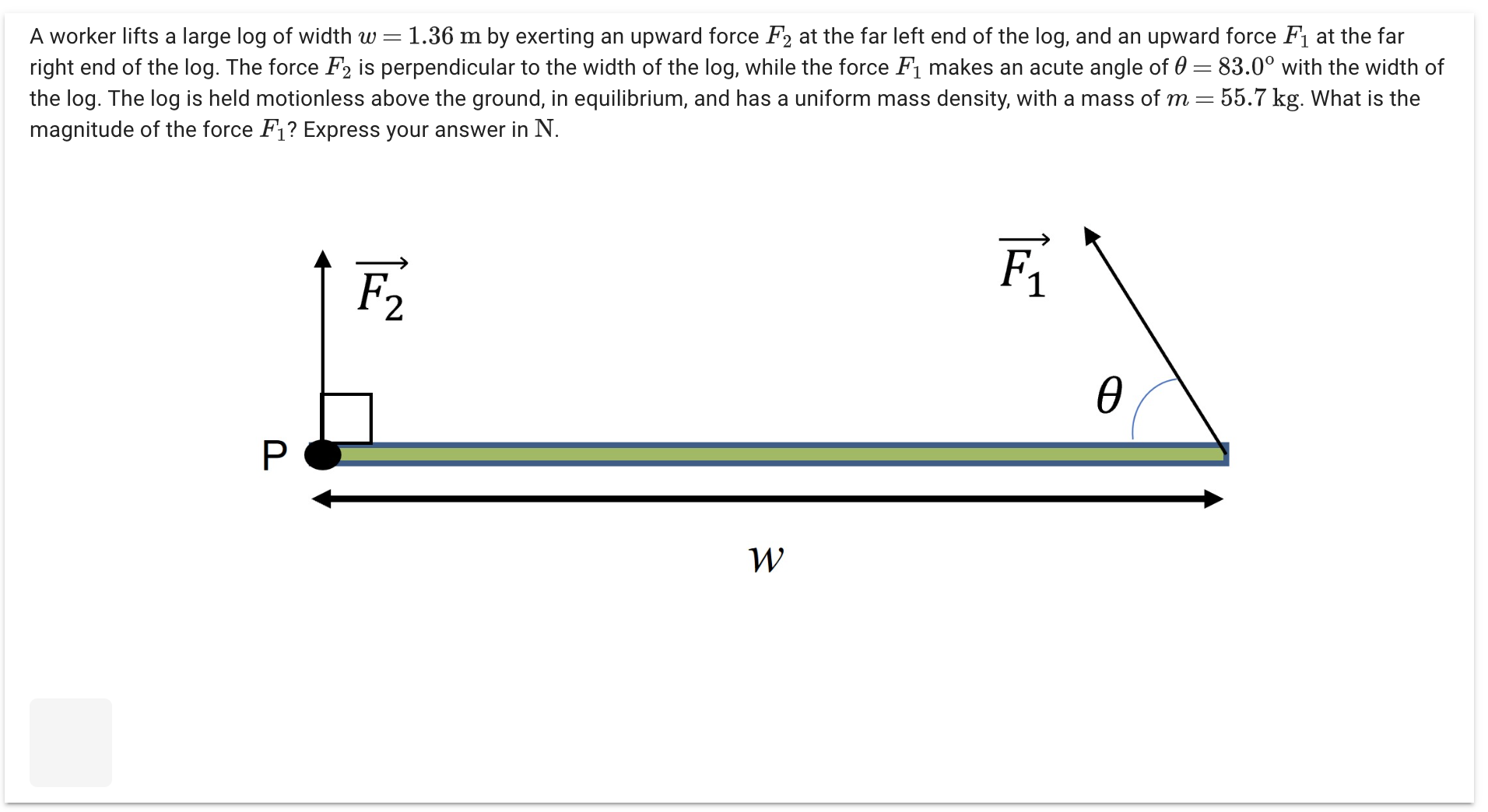Solved A worker lifts a large log of width w=1.36 m by | Chegg.com