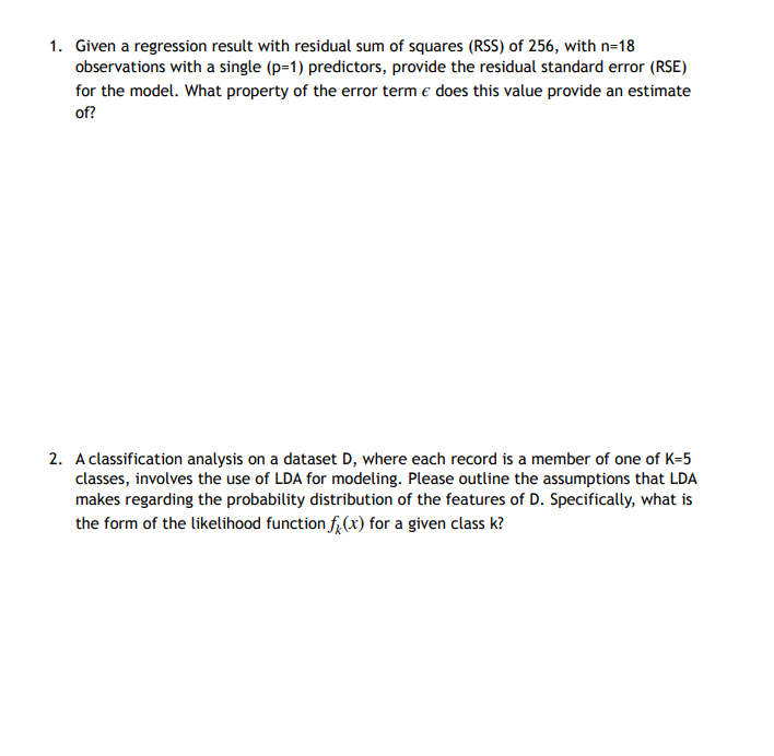 Solved 1. Given a regression result with residual sum of | Chegg.com