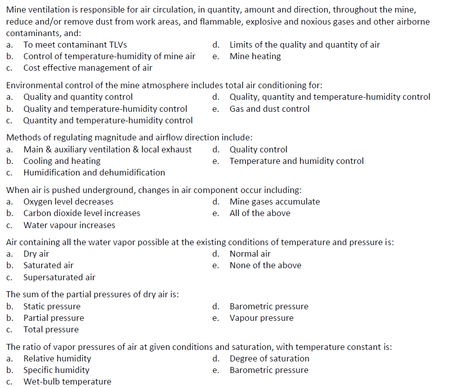 Solved e. C. a. C. Mine ventilation is responsible for air | Chegg.com