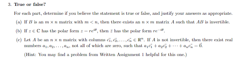 Solved 3. True or false? For each part, determine if you | Chegg.com