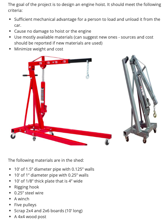 The goal of the project is to design an engine hoist. | Chegg.com