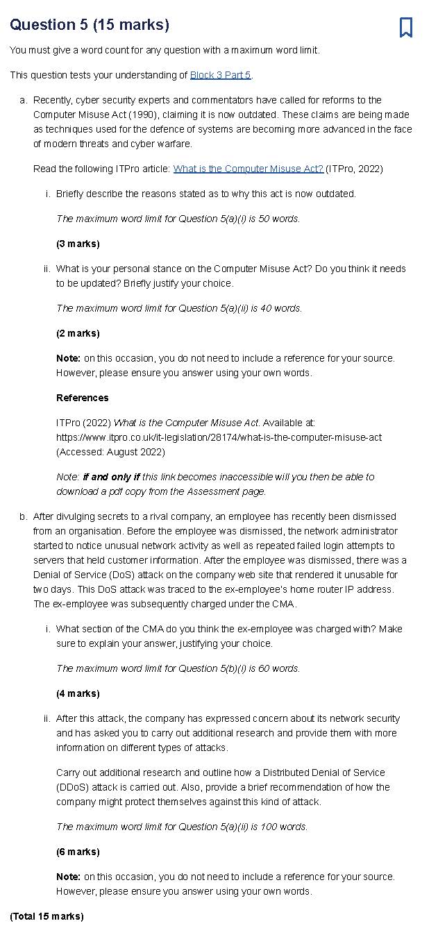 Solved Question 5 (15 marks) ou must give a word count for | Chegg.com