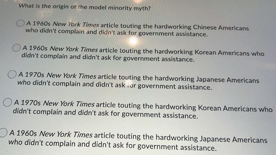 Solved What is the origin of the model minority myth? A | Chegg.com