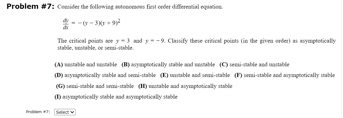 Solved roblem \# 7: Consider the following autonomous first | Chegg.com
