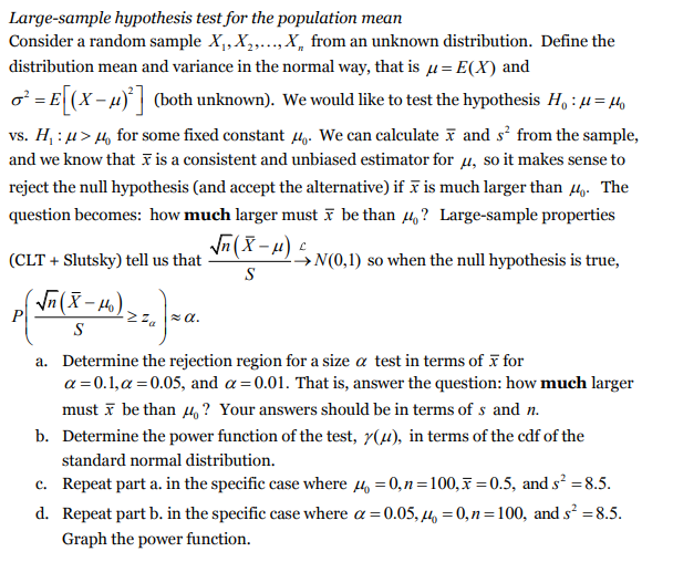 Solved Large-sample hypothesis test for the population mean | Chegg.com