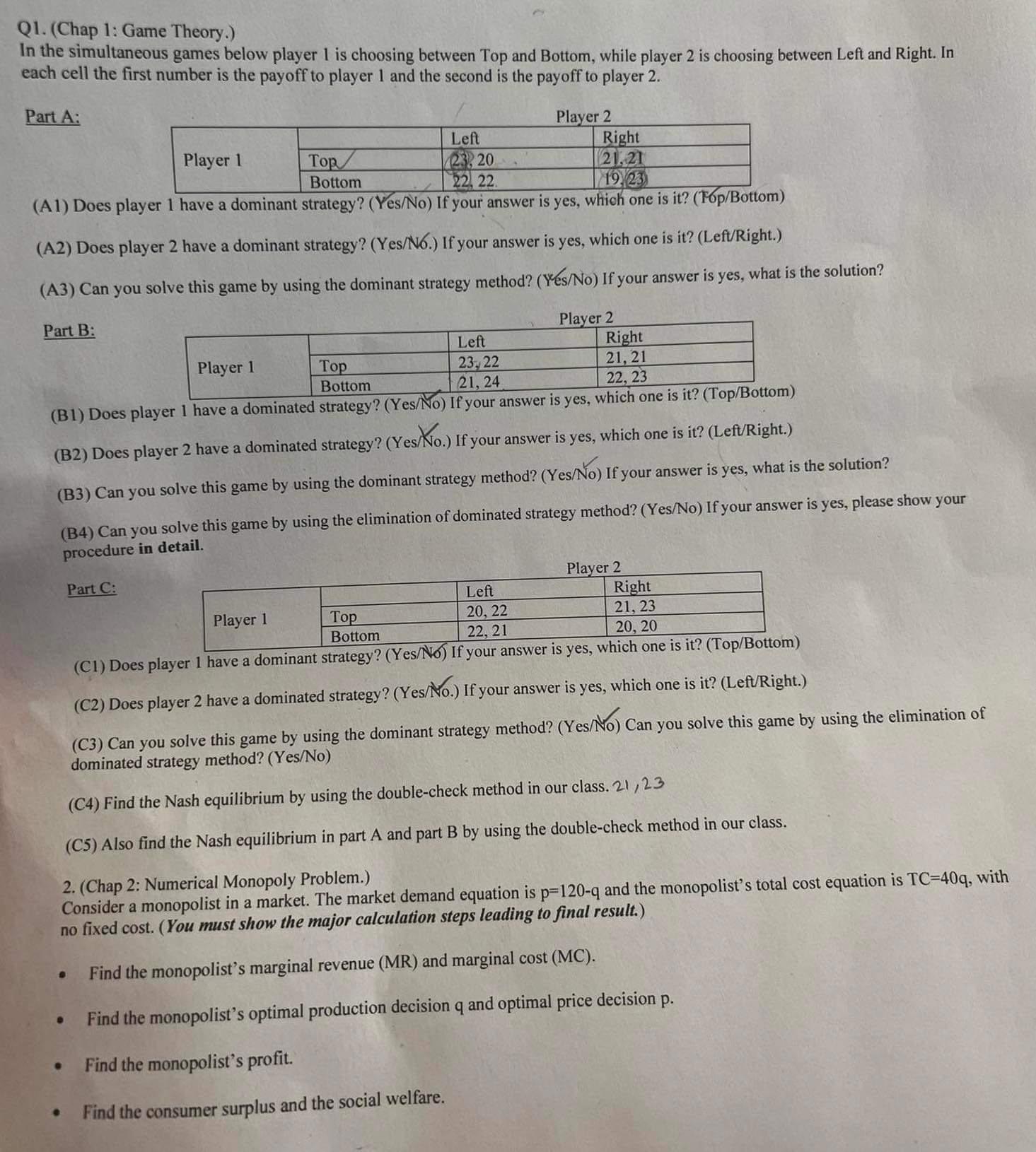 Solved Q1. (Chap 1: Game Theory.) In the simultaneous games | Chegg.com