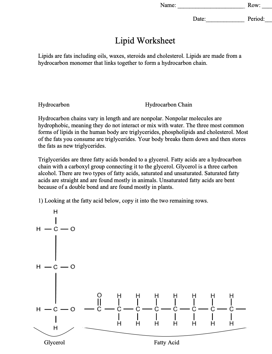 Solved Name: Row: Date: Period: Lipid Worksheet Lipids are | Chegg.com